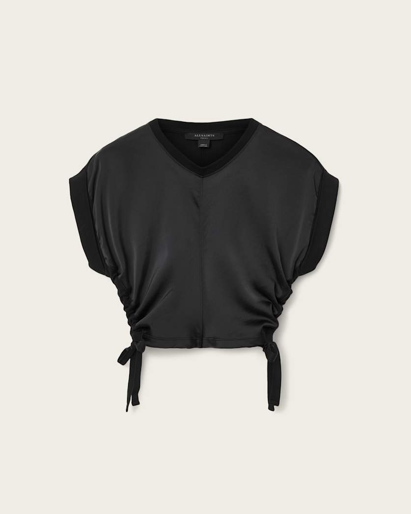 Mira Cropped Satin Drawcord T-Shirt Black | ALLSAINTS